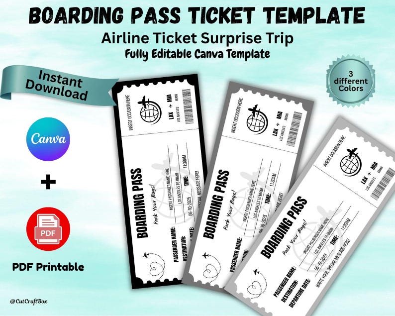 Boarding Pass Canva Template 3 Different Color Editable Boarding Pass ...
