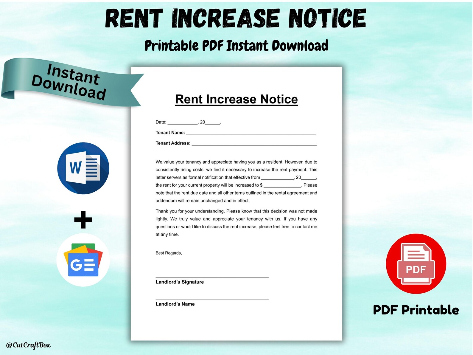 Rent Increase Notice Template: Editable Landlord Form (MS Word, PDF ...