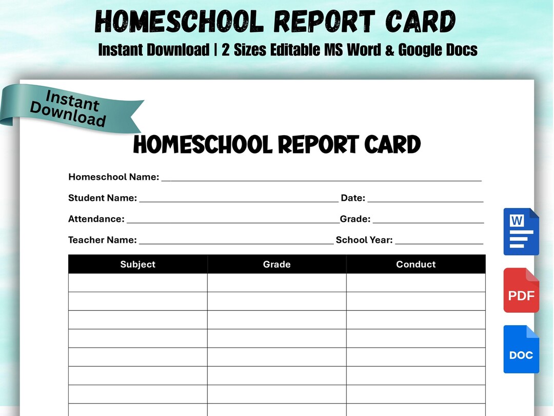 Editable Homeschool Report Card Template: 6 Colors (word, Google Doc ...