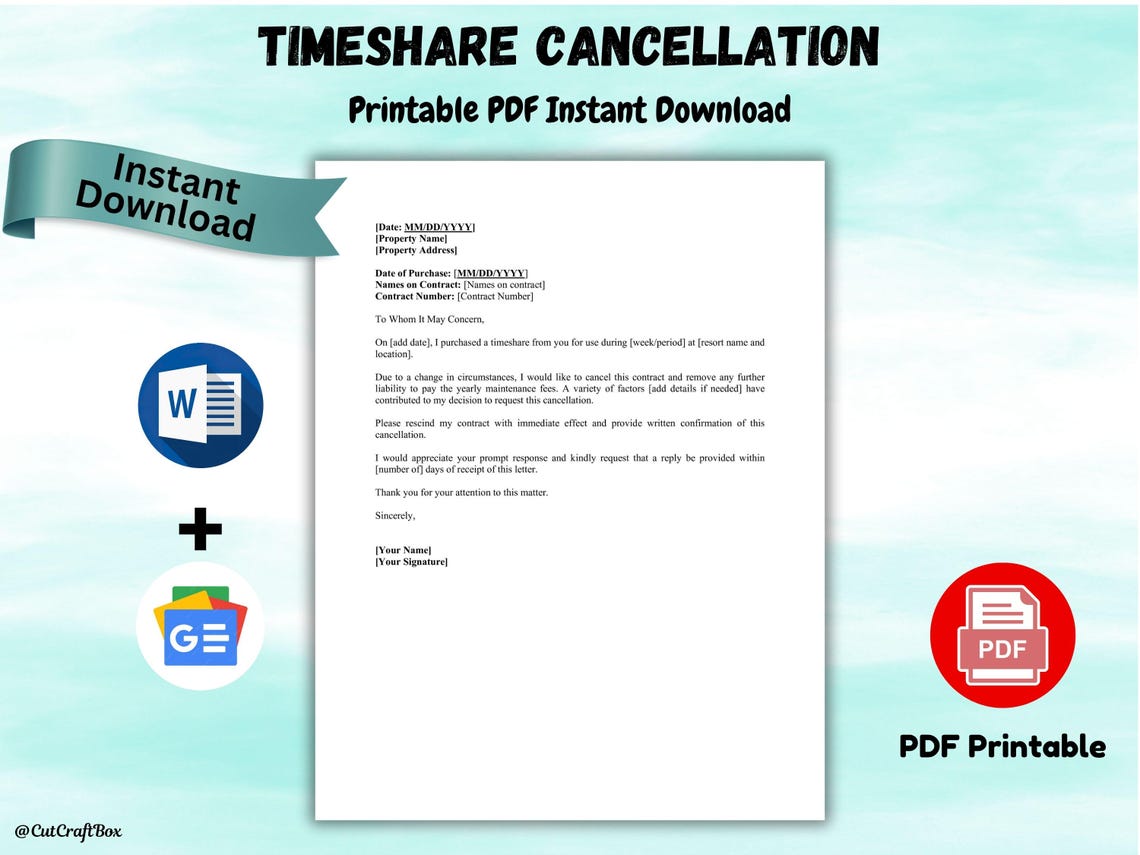 Timeshare Cancellation Letter Template: Editable MS Word & PDF (digital ...