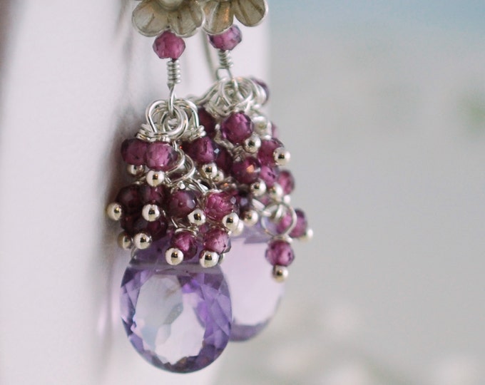 Pink Amethyst Earrings Cascading Rhodolite Garnet Cluster Genuine ...