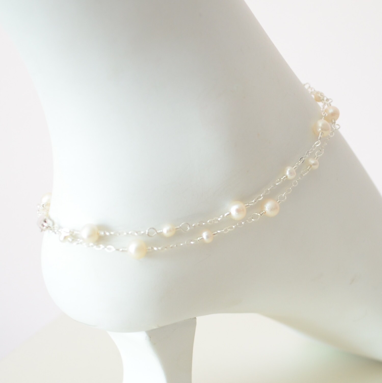 Sterling Silver Anklet White Pearl Anklet Double Strand - Etsy