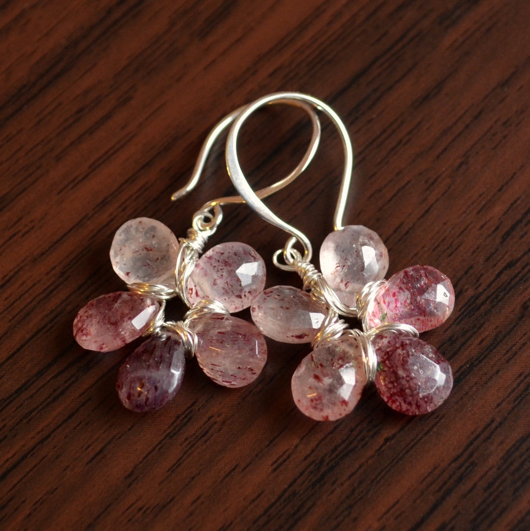 Pink Rutilated Quartz Earrings, Flower Jewelry, Genuine Gemstones, Wire ...