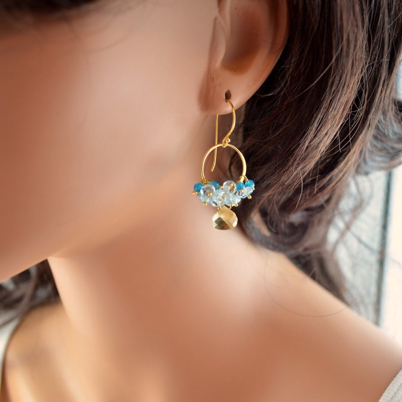 Gold Cluster Earrings Blue Gemstone Earrings Lemon Quartz | Etsy