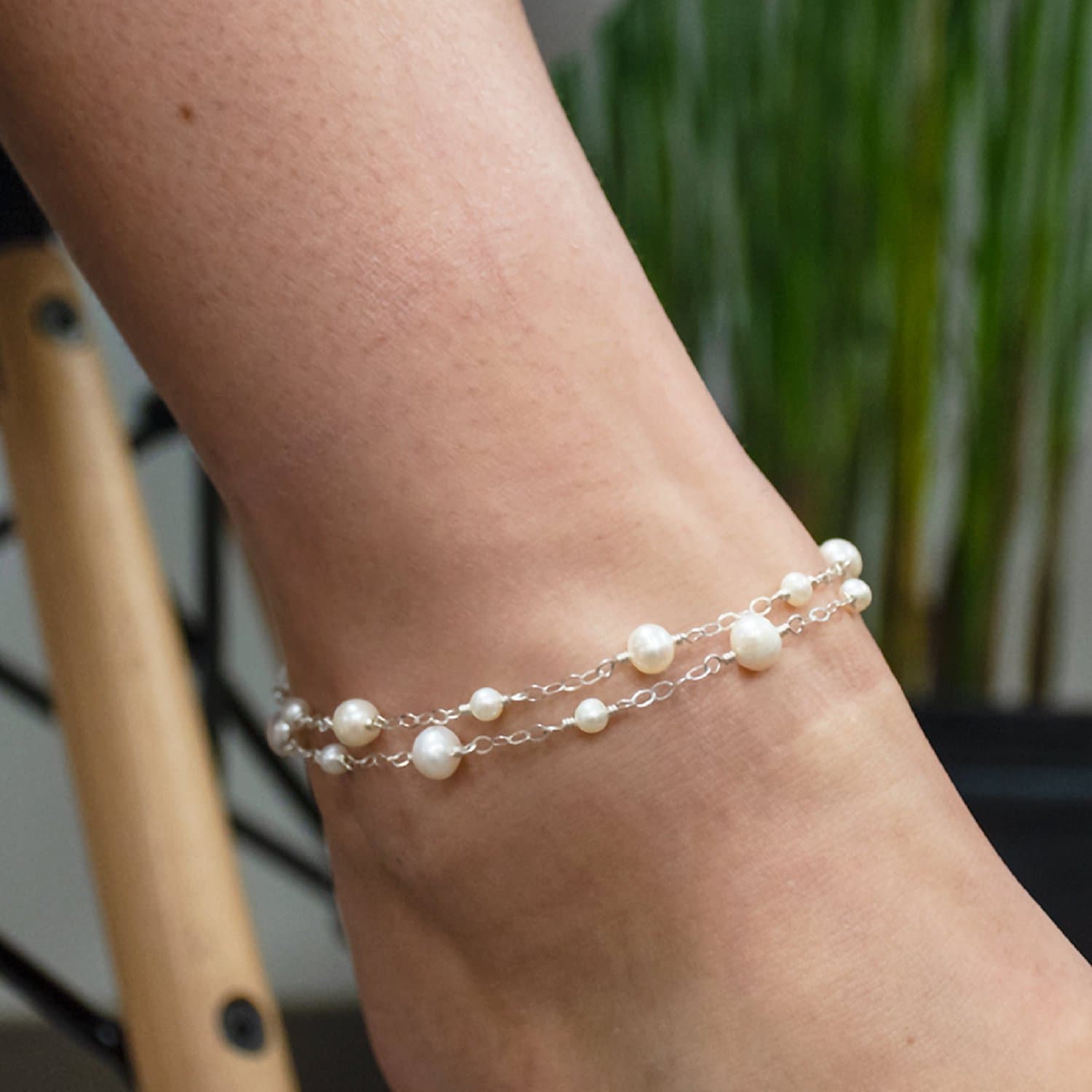 Sterling Silver Anklet White Pearl Anklet Double Strand - Etsy
