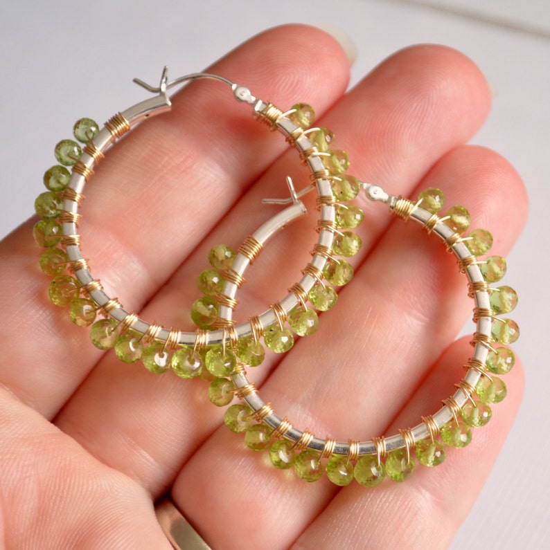 Peridot Hoop Earrings Real Gemstone Wire Wrapped Hoops | Etsy