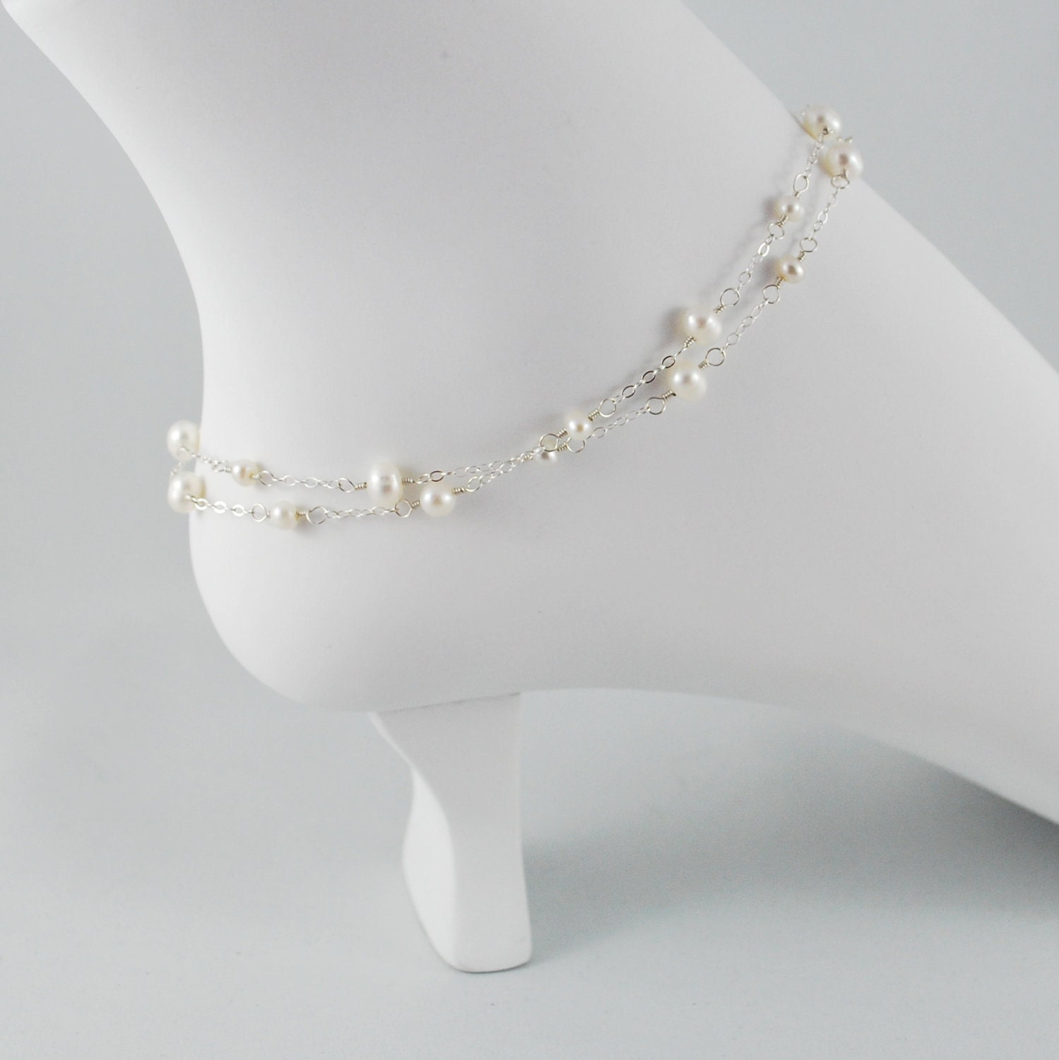 Sterling Silver Anklet White Pearl Anklet Double Strand - Etsy