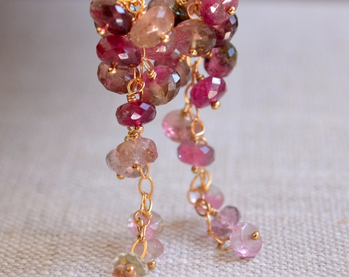 Watermelon Tourmaline Earrings, Gold Cluster Earrings, Waterfall, Real ...