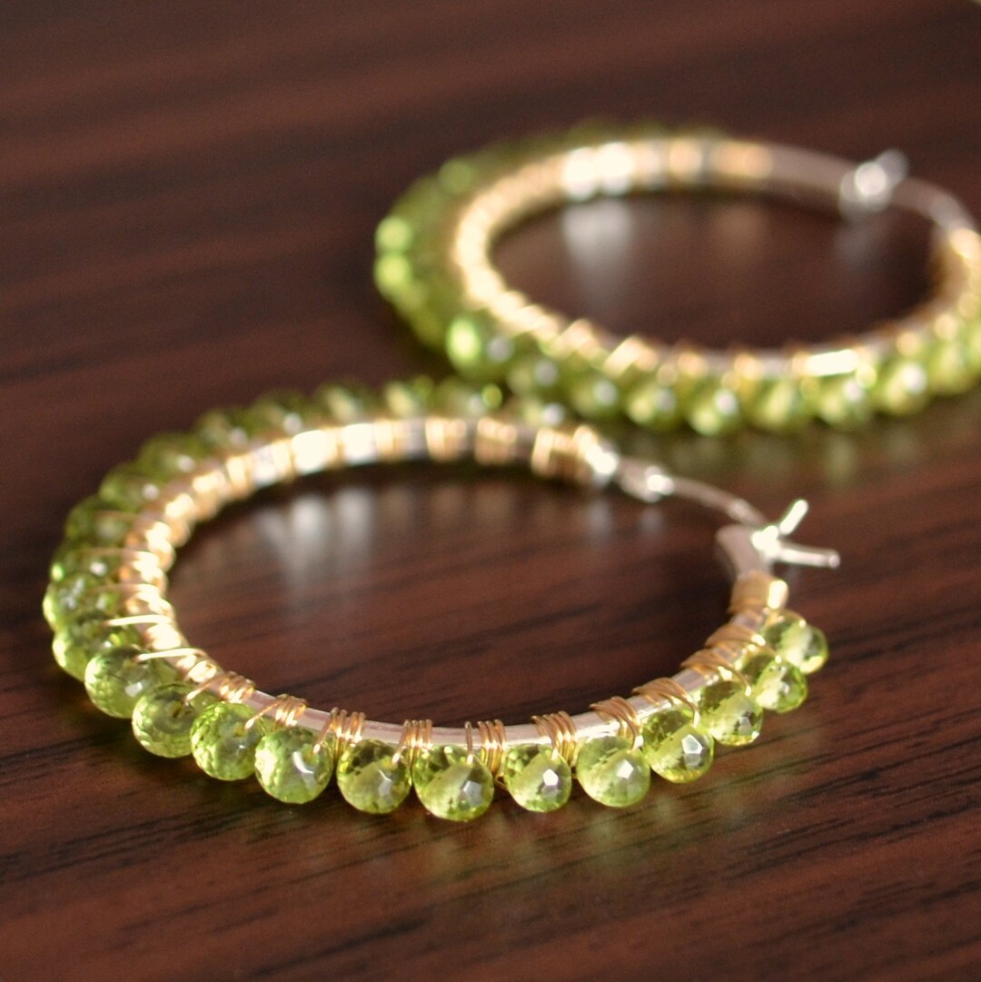 Peridot Hoop Earrings Real Gemstone Wire Wrapped Hoops - Etsy