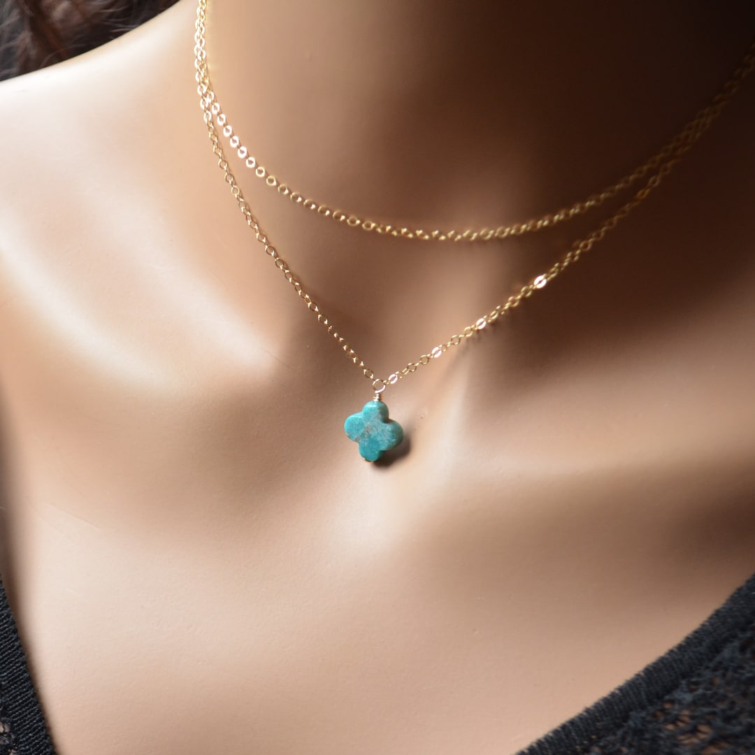 Turquoise Clover Pendant Necklace: 14K Gold Filled Double Chain - Etsy