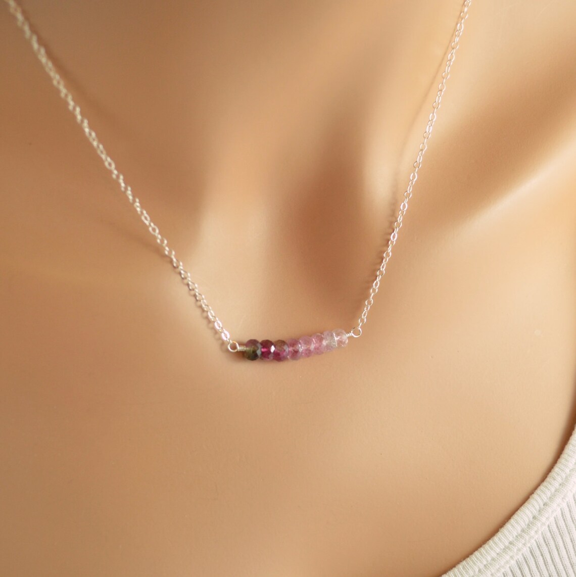 Watermelon Tourmaline Necklace Sterling Silver or Gold Row - Etsy
