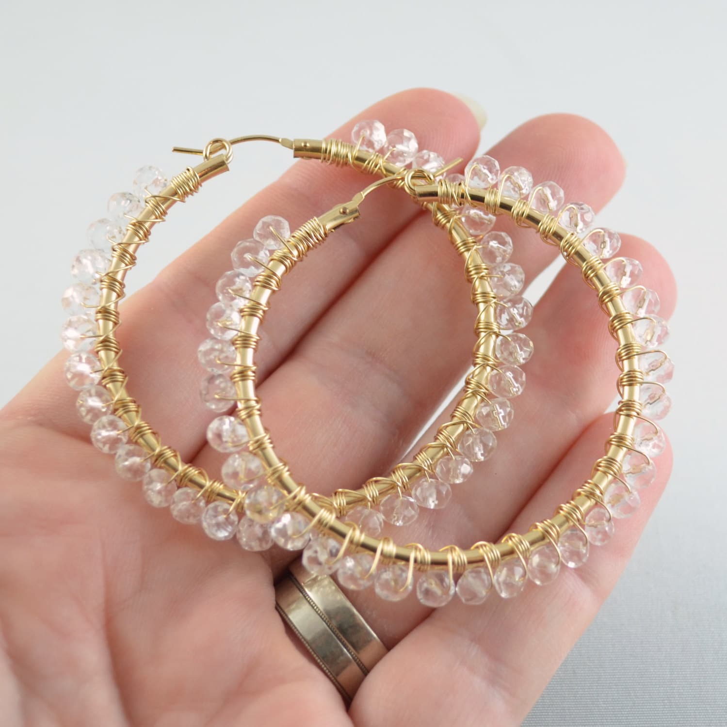 Large Crystal Quartz Hoops Gold Filled Earrings Clear | Etsy