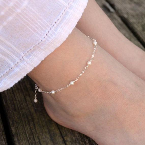 livjewellery White Pearl Anklet Sterling Silver Tween Teen Jewelry June Birthstone Birthday Gift Wire Wrapped Ankle Bracelet Dainty Flower Girl