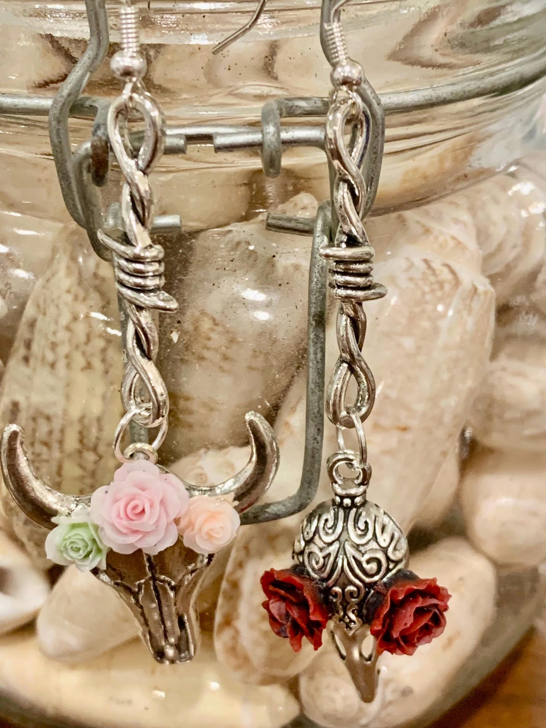 Barbed Wire Bull Skull or Raven Skull With Roses Earrings - Etsy