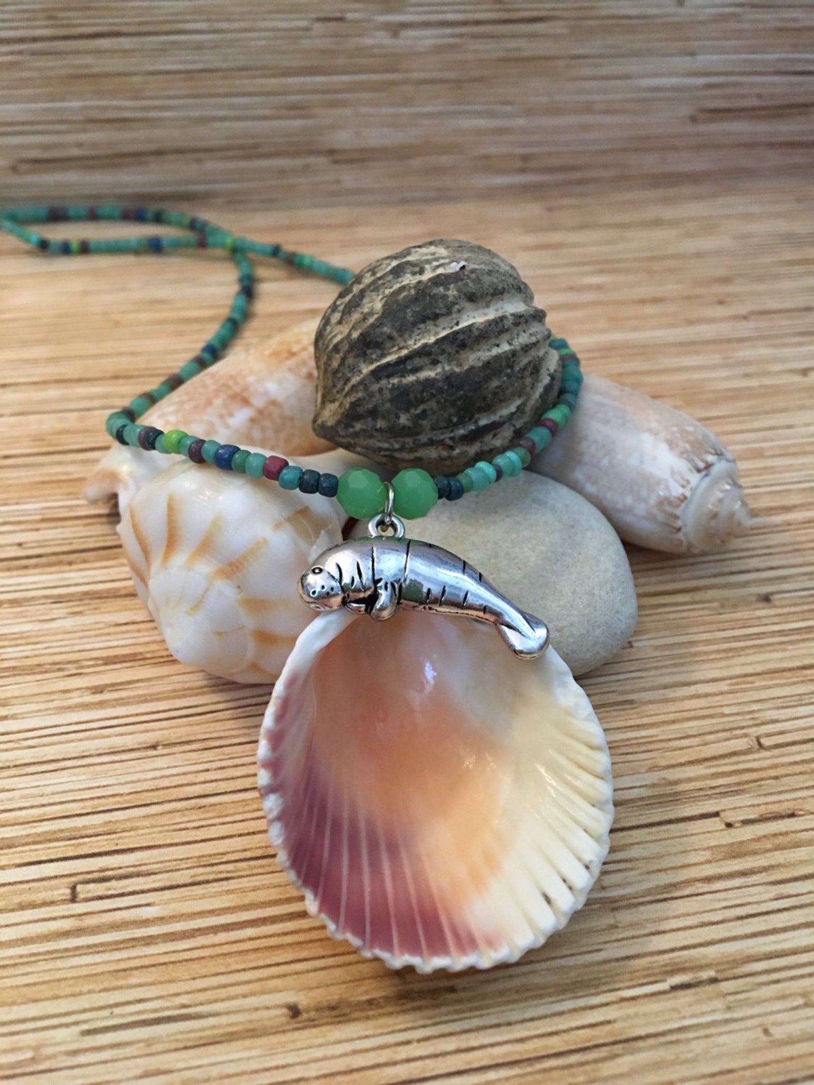 Beaded Manatee Shell Pendant Necklace - Etsy