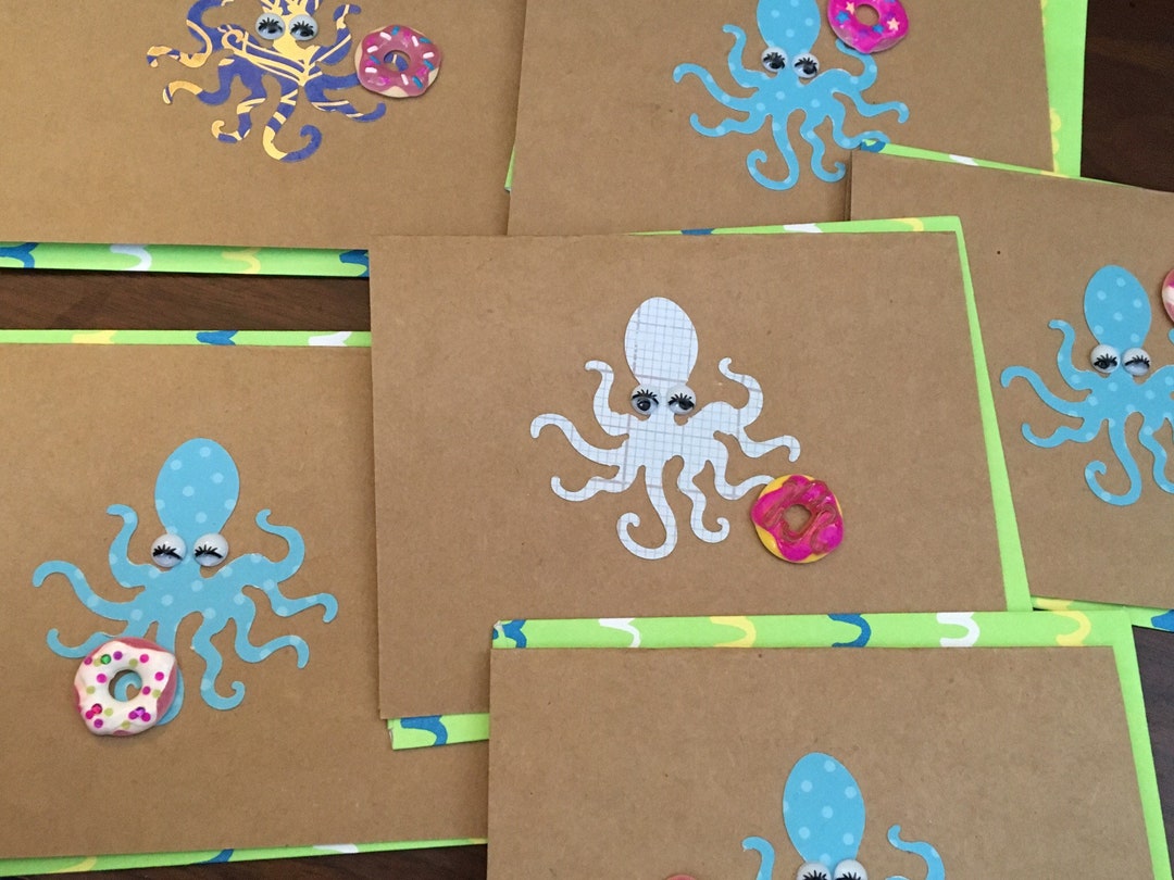 Blue or Purple Stoned Octopus With Donut Blank Notecards 6 Ct - Etsy