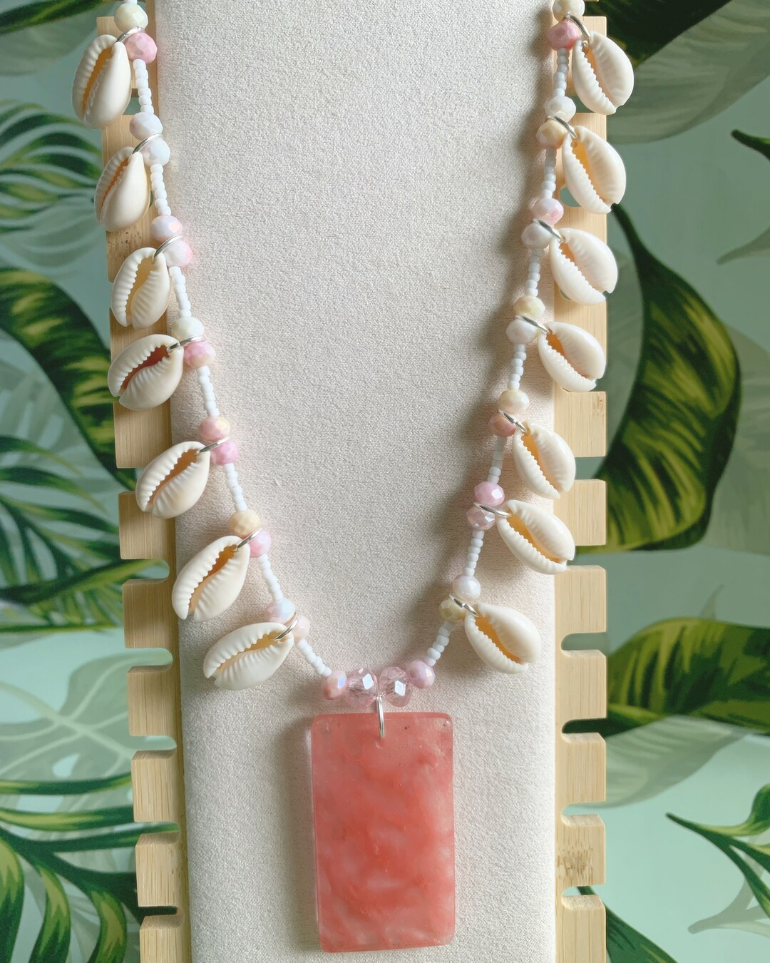 Beach Boho Cowrie Shell Pink Stone Pendant Statement Necklave - Etsy