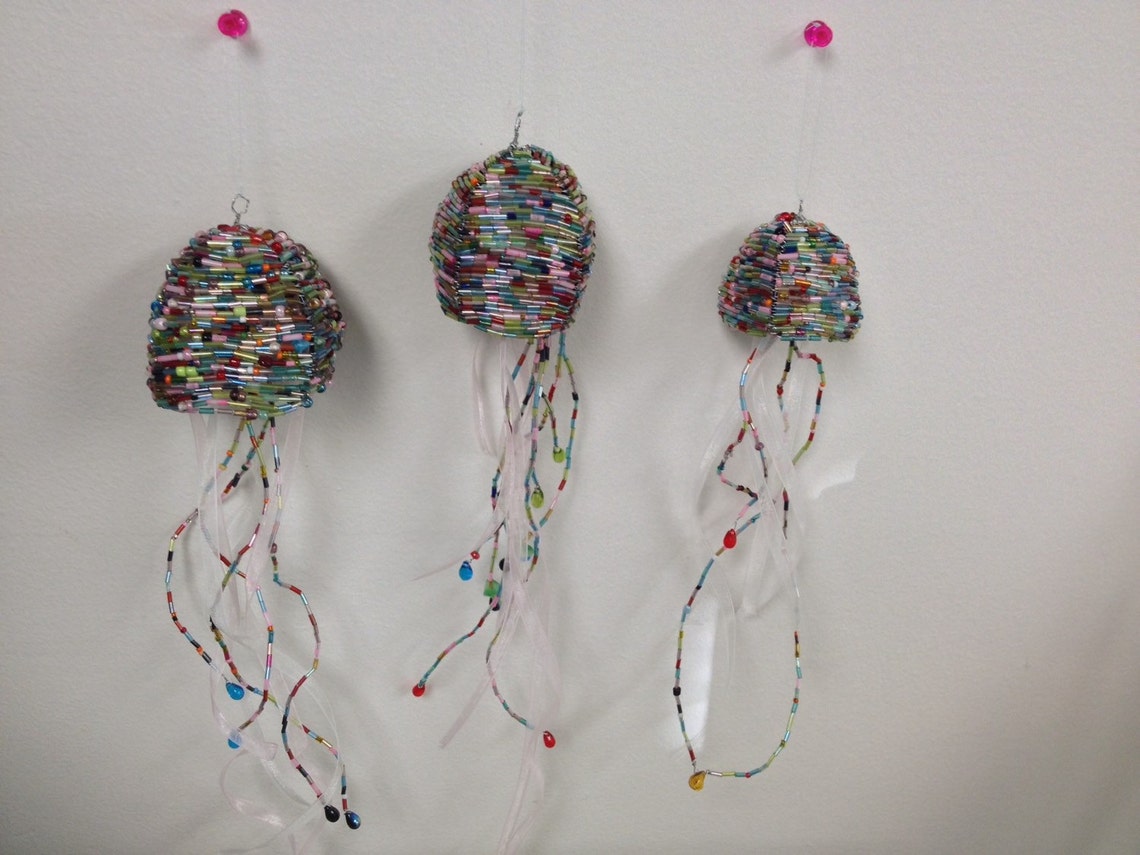 Multi-colored Jellyfish Family of 3 Beaded Sculpture Ornaments - Etsy