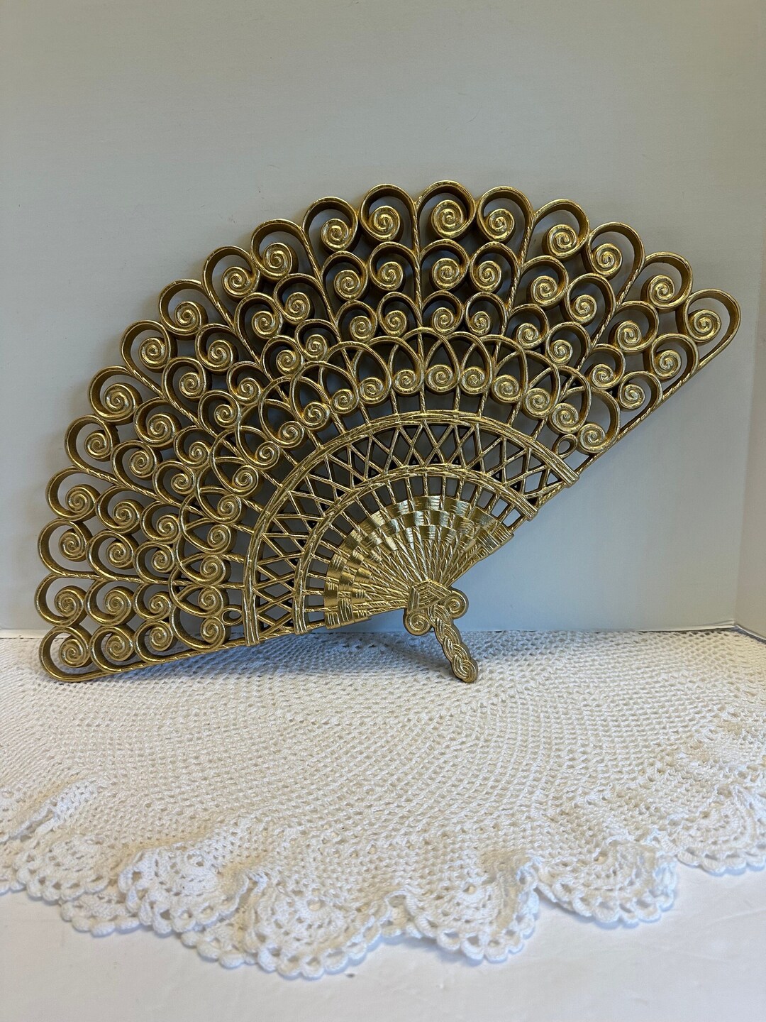 Vintage Large Fan Shiny Gold Wall Hangings 20 by 13 Burwood Homco ...