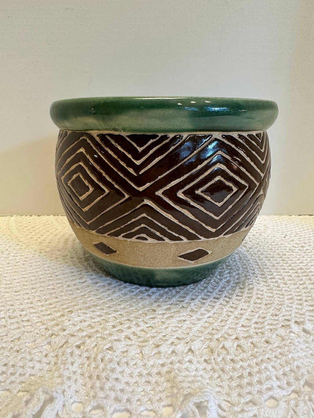 Vintage Southwest Pottery Planter Brown & Green With Geometric Shapes 5 ...