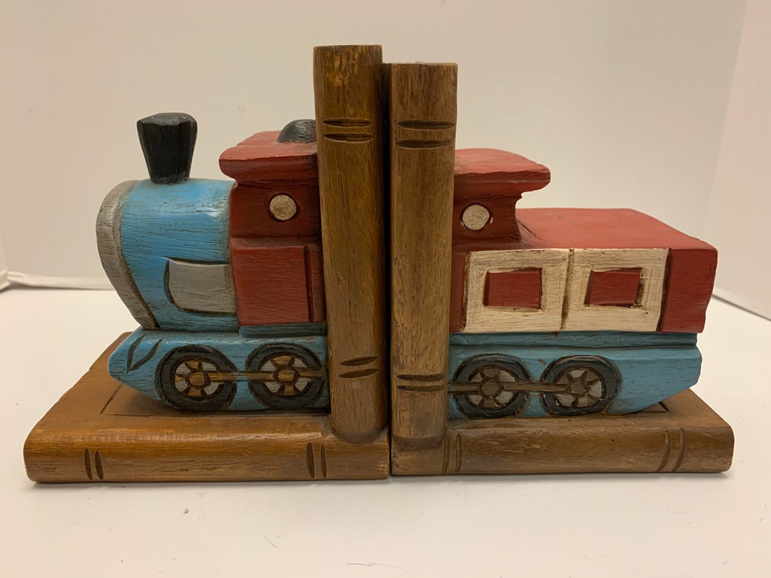 Vintage Train Bookends Engine and Caboose Primitive Carved and Painted ...