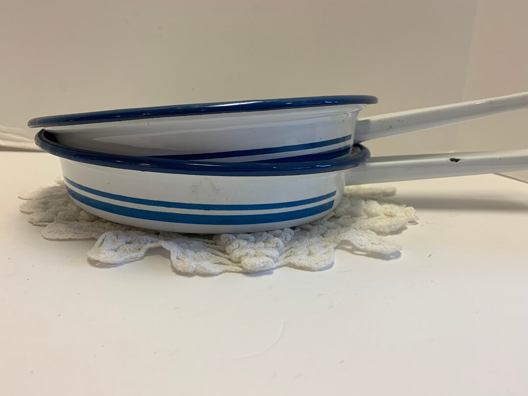Vintage 2 Blue Stripe Enamelware Pans Enamel Pots Skillet Mid Century ...