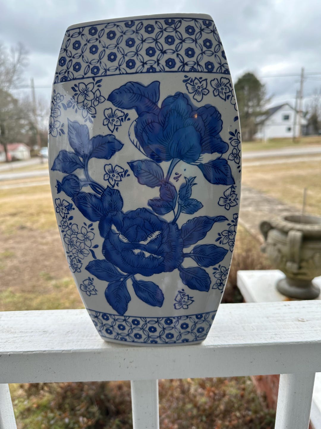 Vintage Large Blue White Porcelain Vase 12" Tall Asian Style Coastal ...