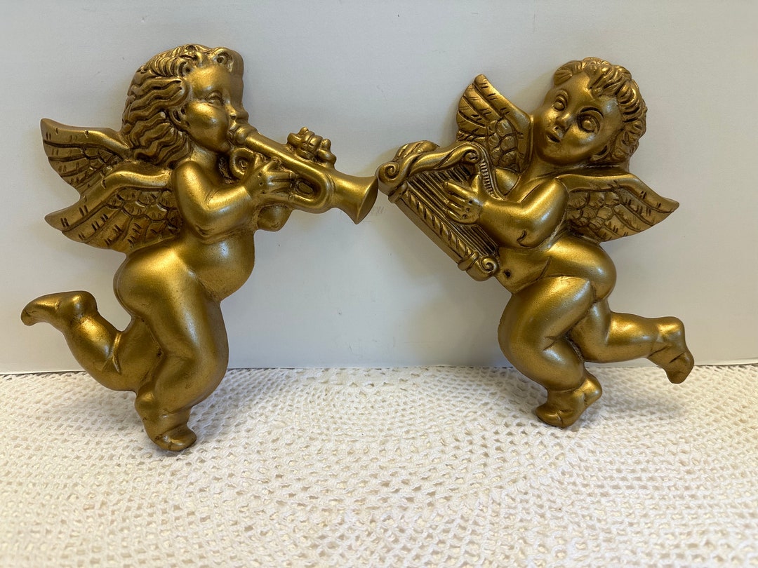 Vintage Two Ornate Antique Gold Gilt Cherub Angels 8" Tall by 7" Wide ...