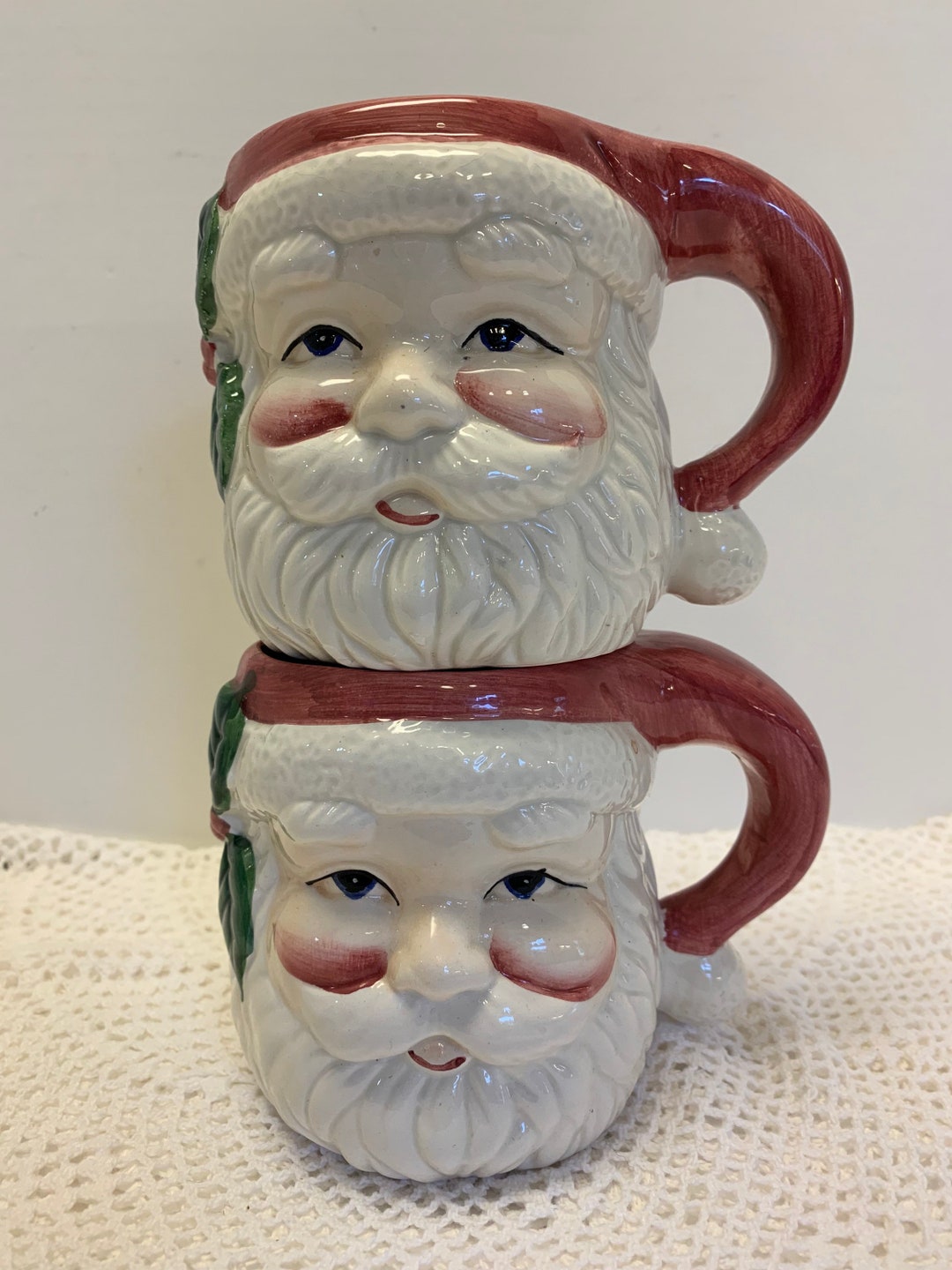 Vintage 2 Santa Face Mugs Planters Christmas Decor Mid Century Honour ...