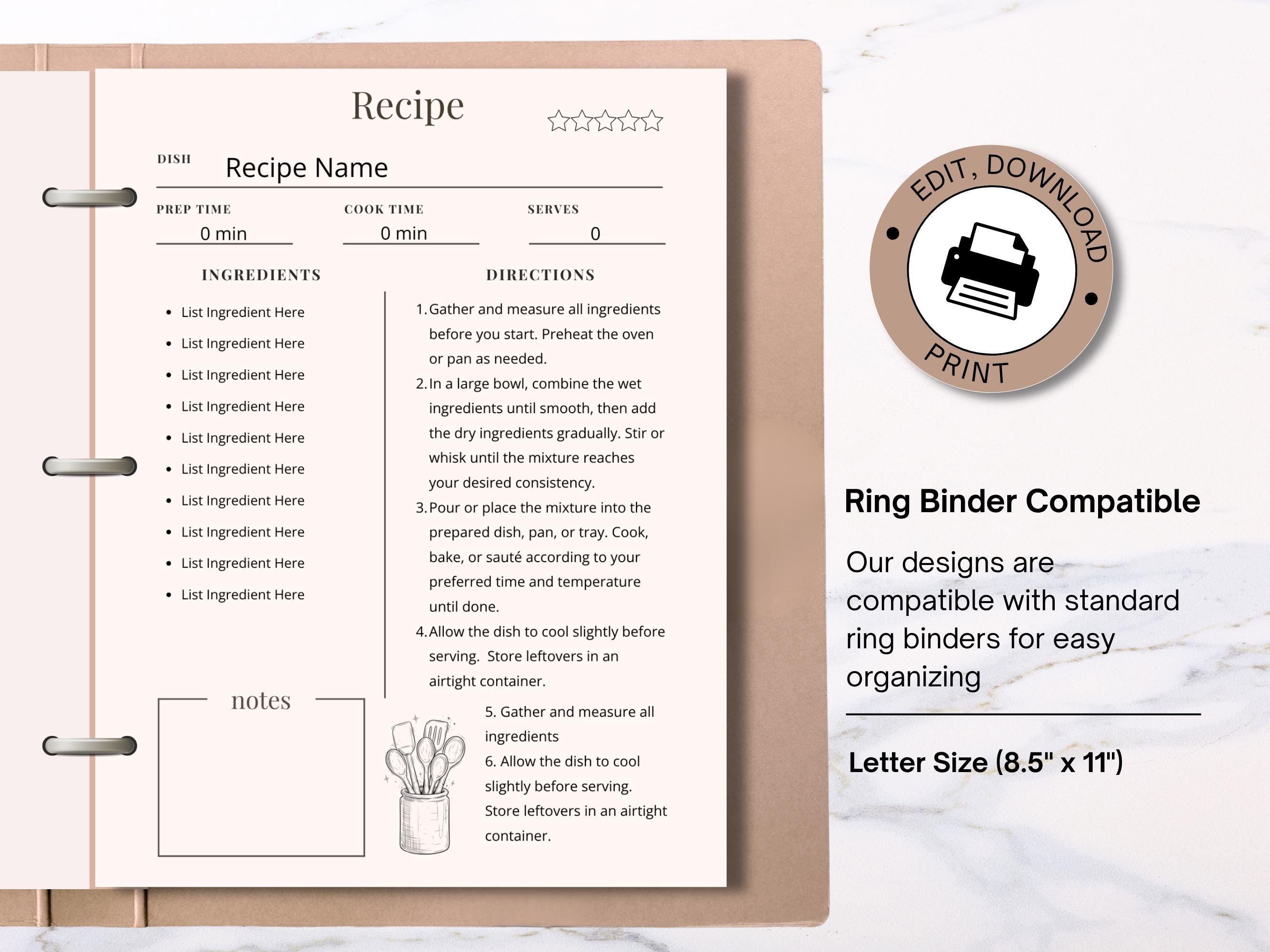 Minimalist Editable Recipe Template, Editable Recipe Binder Kit ...