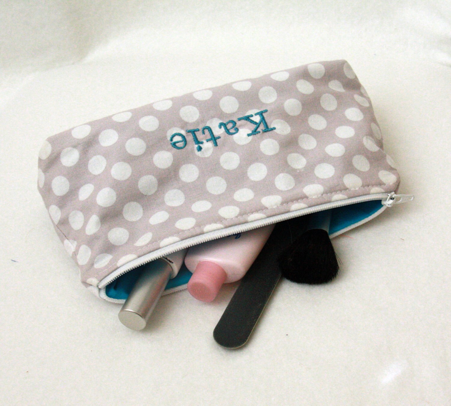 Personalized Zipper Pouch Gray And White Polka Dot With Etsy