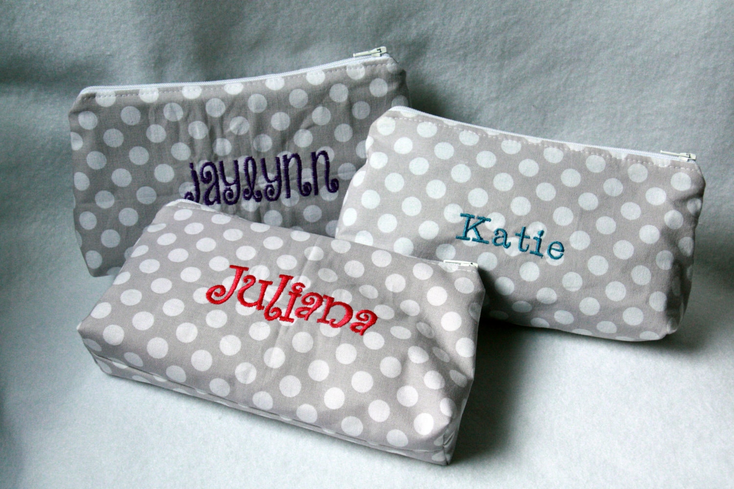 Personalized Zipper Pouch - Gray and White Polka Dot With Embroidery - Etsy