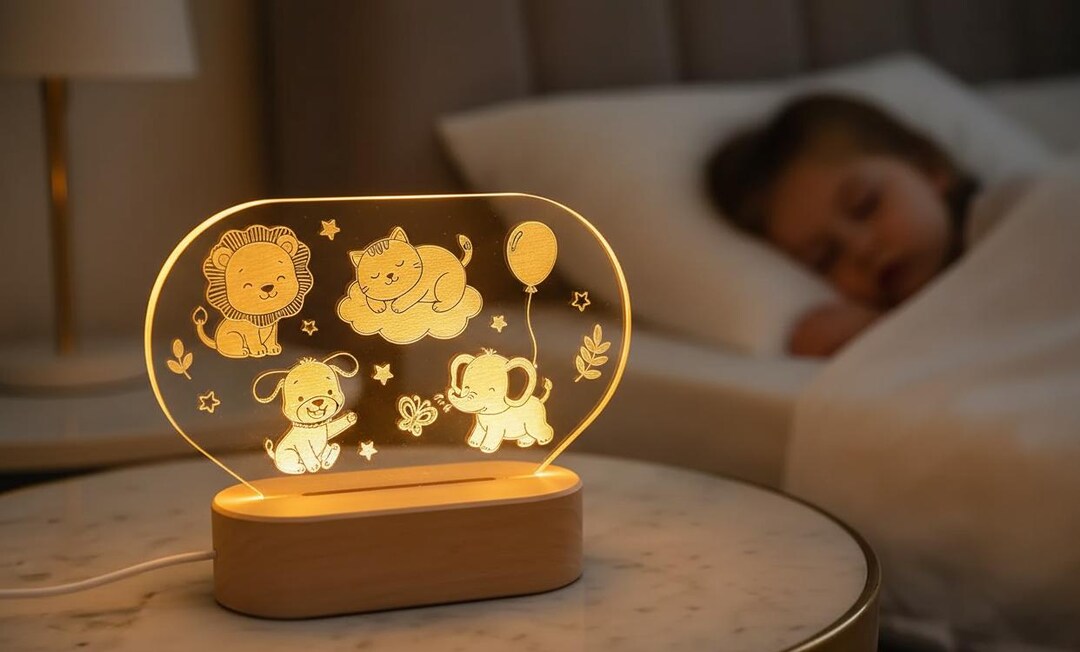 Personalized Animal Acrylic LED Night Light | Natural Wood Base - Etsy