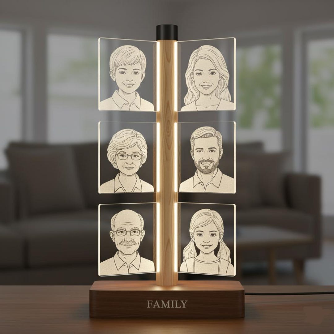 Personalized LED Family Night Light: Engraved Wood Base, Custom Names ...