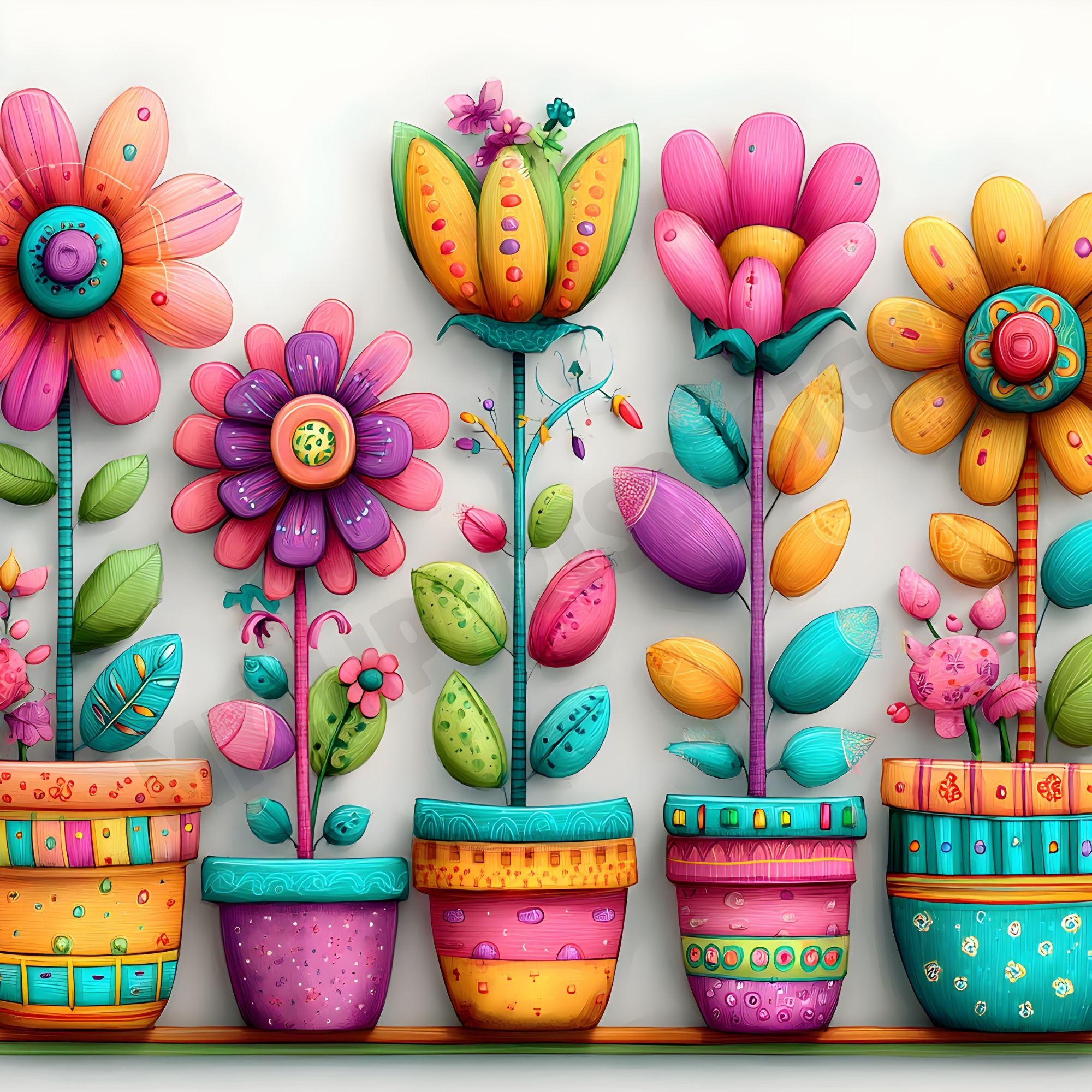 Whimsical Flower Pot Clipart Bundle: Colorful Fantasy Floral (digital ...