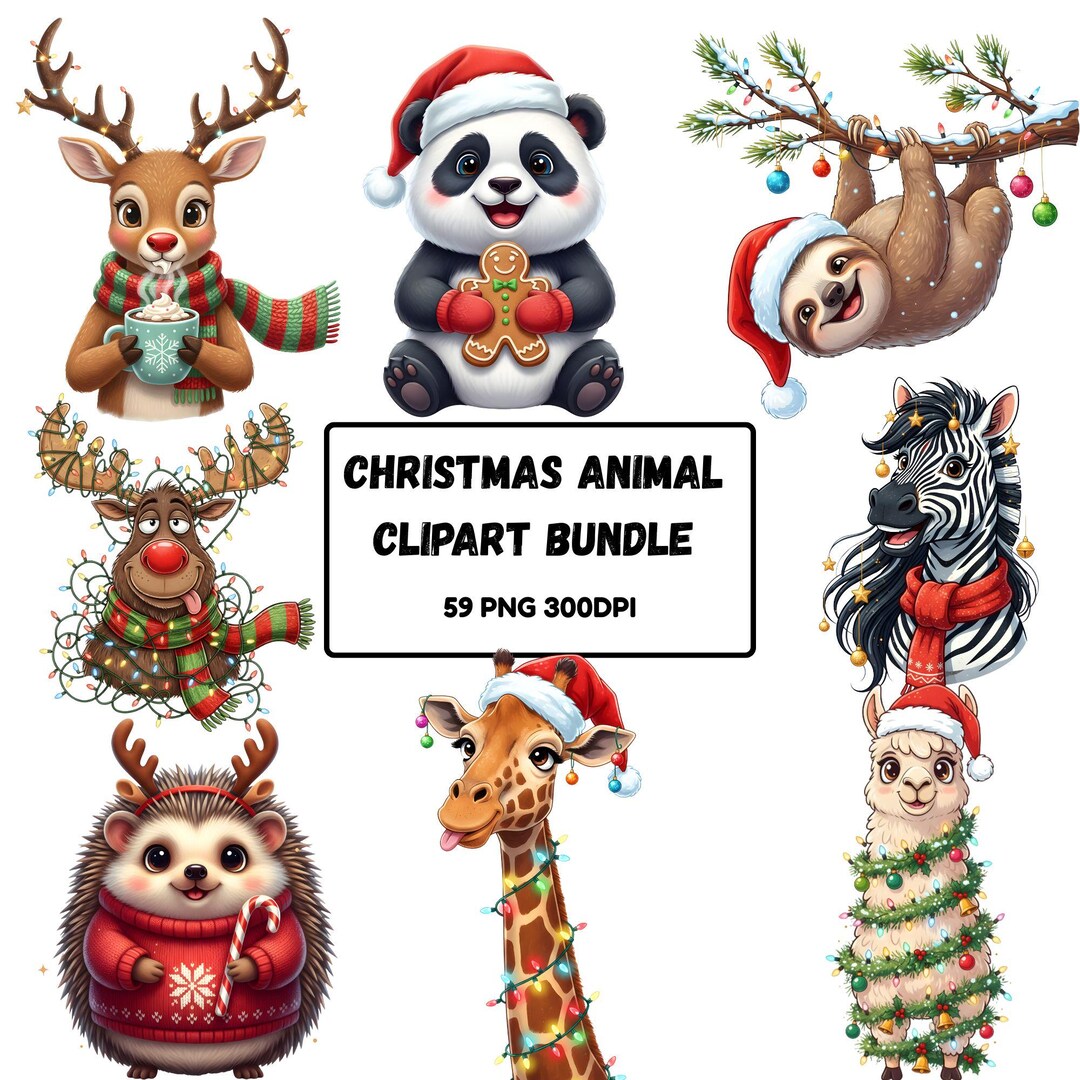 Christmas Animal Clipart Bundle PNG | Cute Winter Animals in Santa Hats ...