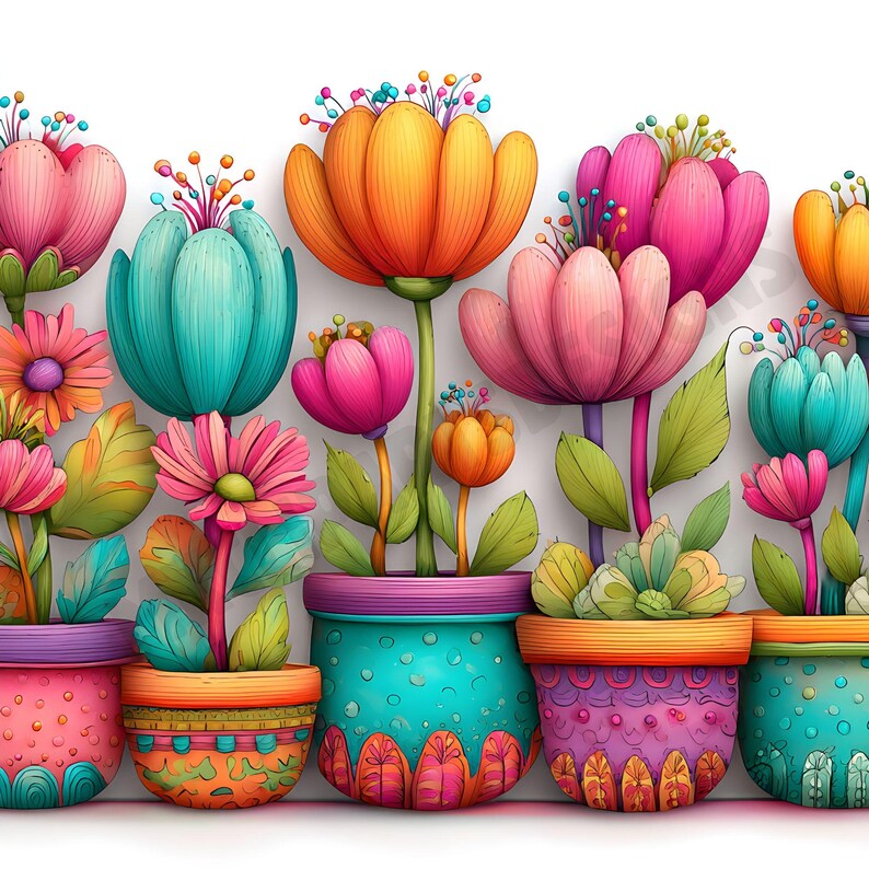 Whimsical Flower Pot Clipart Bundle: Colorful Fantasy Floral (digital ...