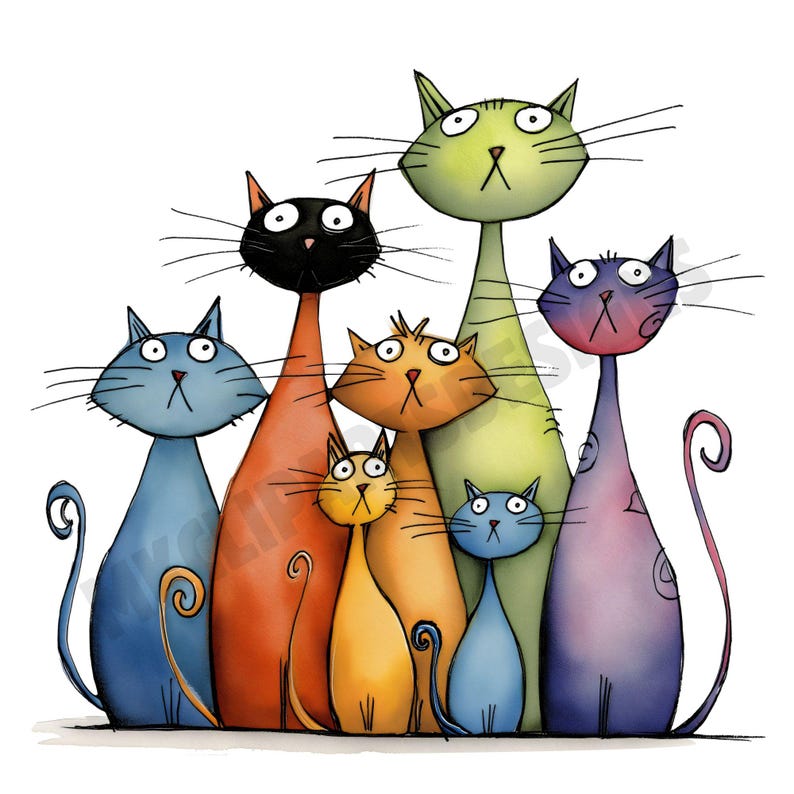 Funny Cartoon Cat Clipart Bundle: Whimsical PNG Illustrations (digital ...