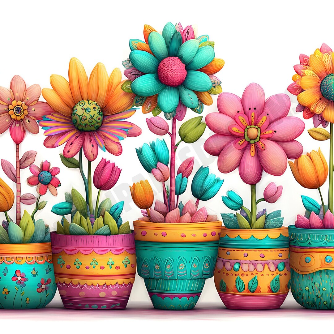 Whimsical Flower Pot Clipart Bundle: Colorful Fantasy Floral (digital ...