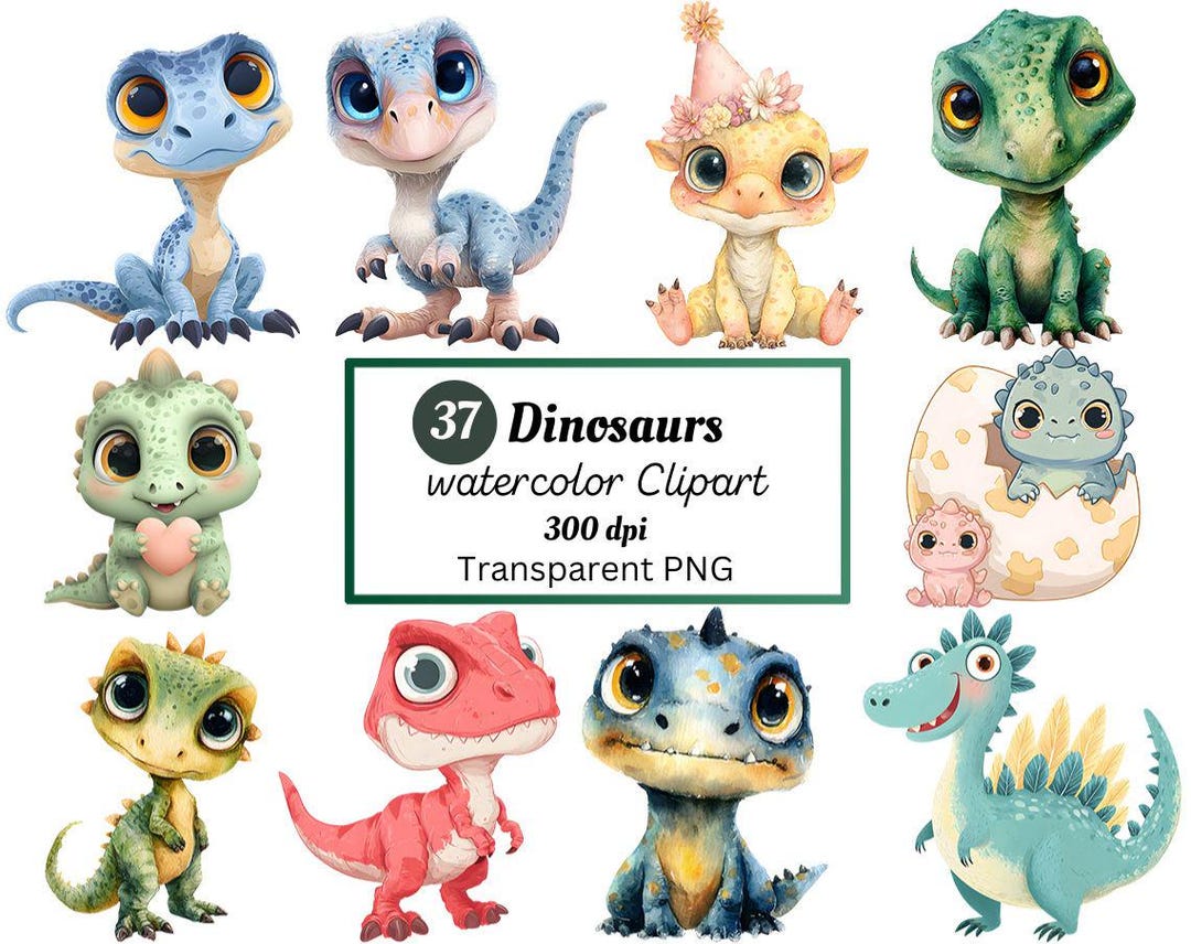37 Watercolor Baby Dinosaur Clipart, Cute Dino PNG Bundle, Nursery Wall ...