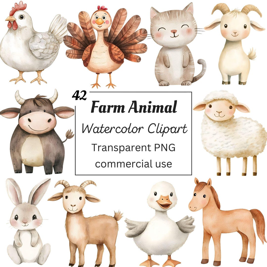Farm Animal Clipart Bundle PNG, Cute Watercolor Animals, Baby Farmyard ...