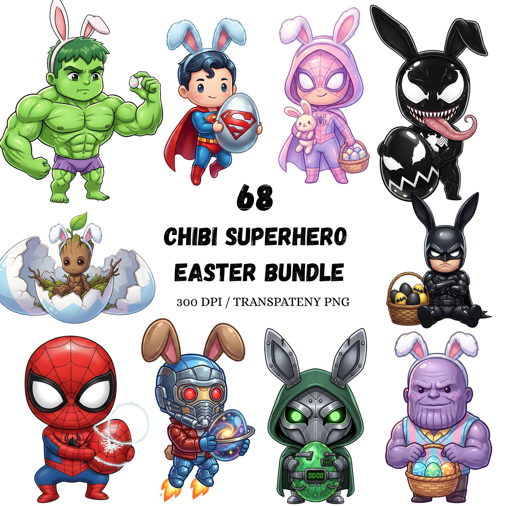 Chibi Superhero Easter Bunny PNG Clipart Bundle (digital Download, 300 ...