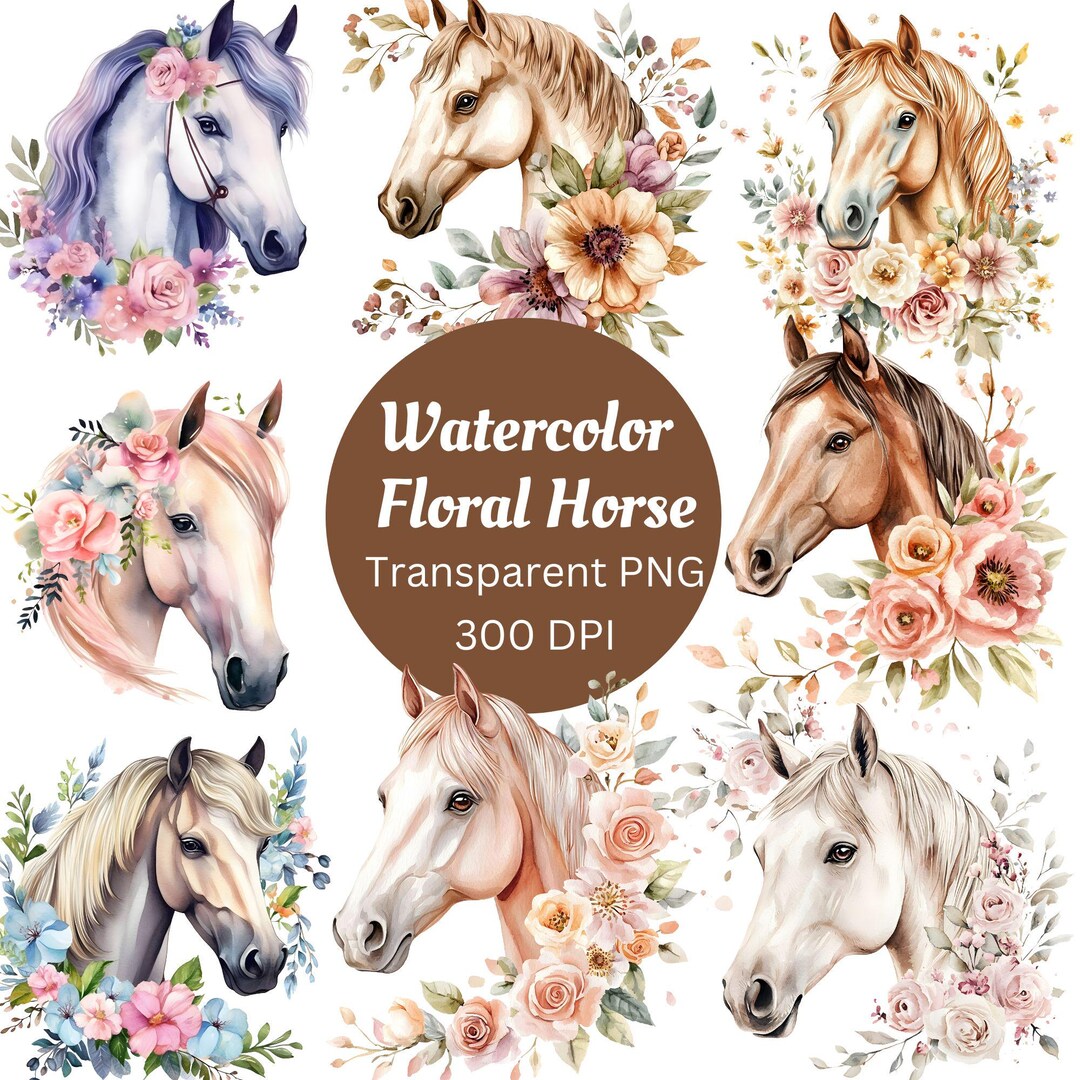 Watercolor Horse Clipart Bundle: Floral Farm Animal Pngs (digital ...