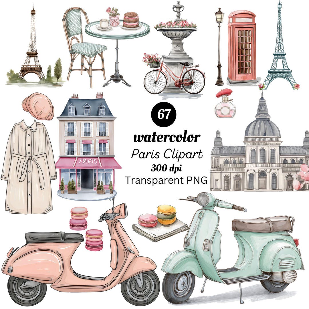 Watercolor Paris Clipart: Eiffel Tower, Vespa, Cafe Illustrations ...