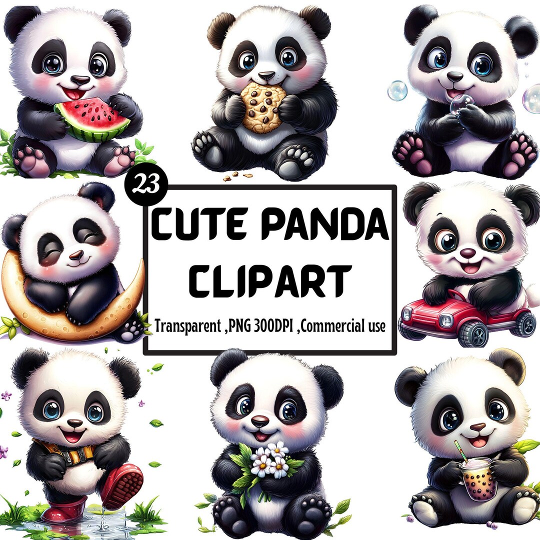 Cute Panda Clipart PNG Bundle, Watercolor Baby Panda Illustrations ...