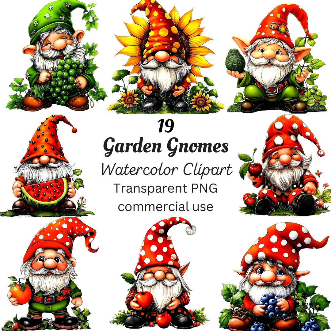 Fruit & Flower Garden Gnome Clipart Bundle: Summer PNG Illustrations - Etsy