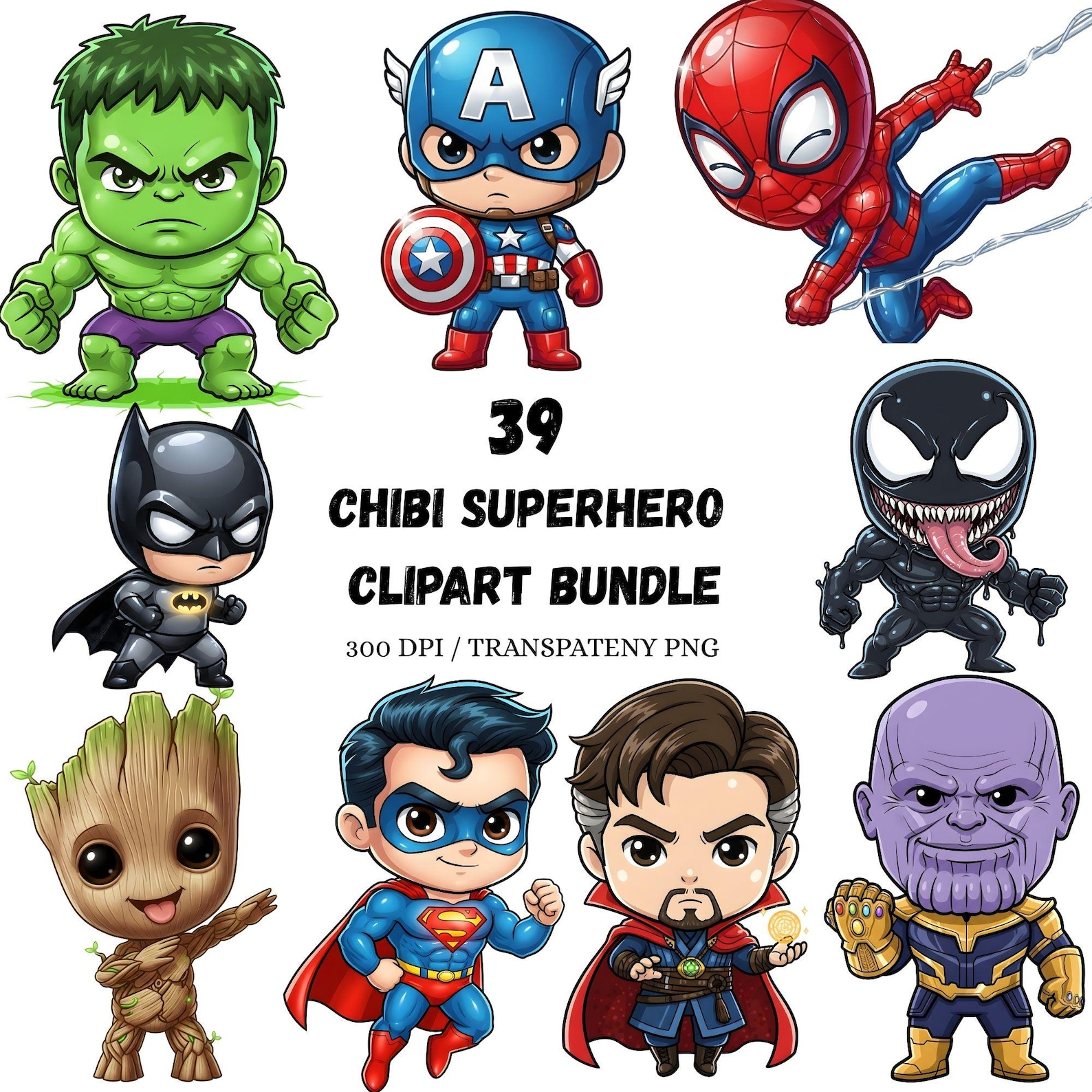 Chibi Superhero Clipart Bundle PNG, Superhero Characters, Digital ...