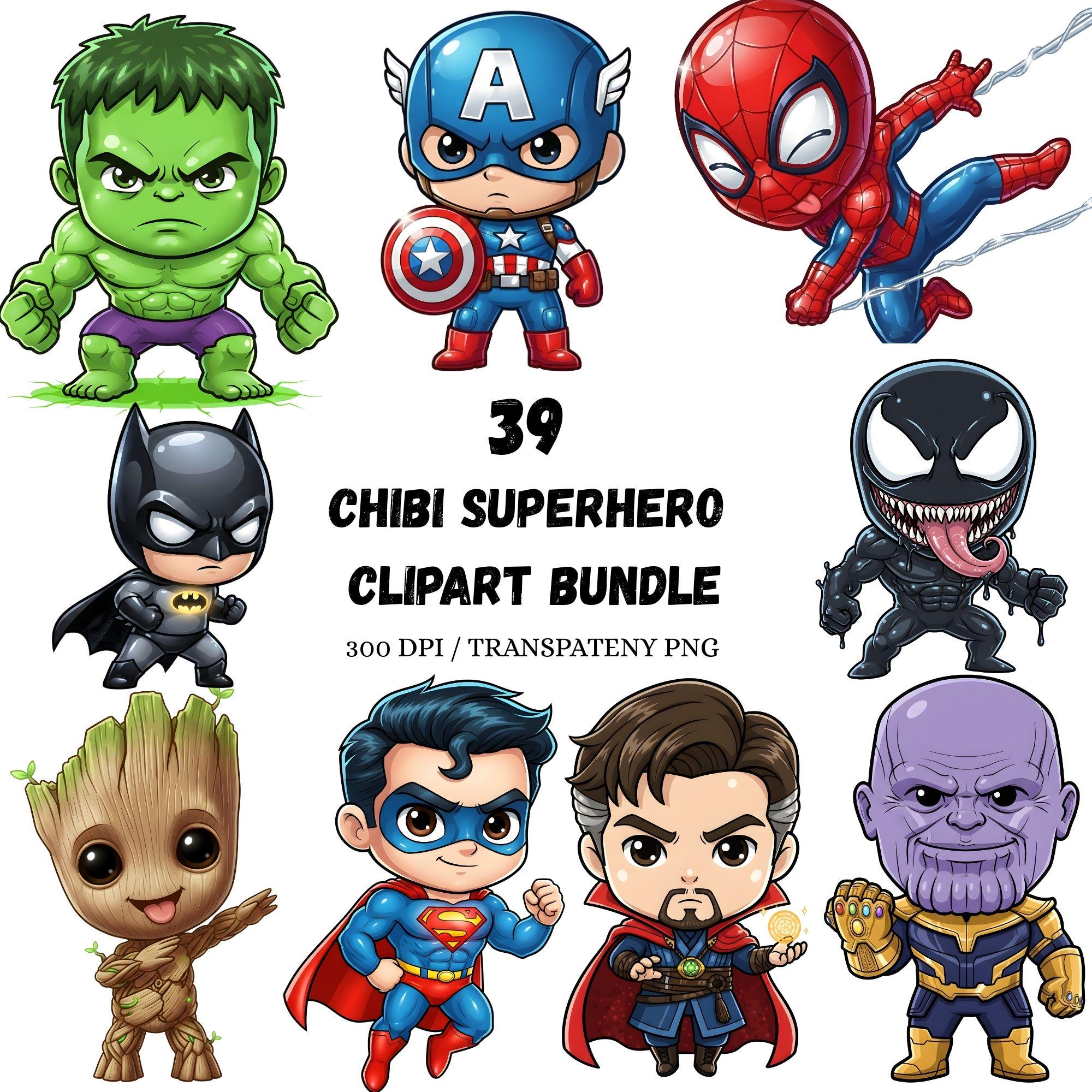 Chibi Superhero Clipart Bundle PNG, Superhero Characters, Digital ...
