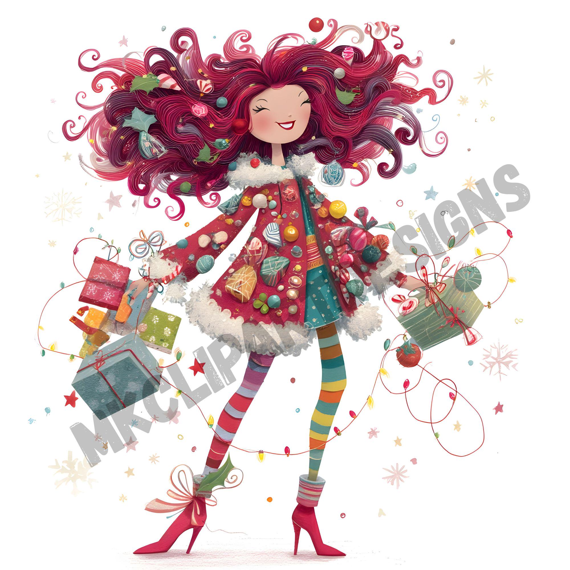 Whimsical Christmas Girl Clipart, Holiday Art JPG (digital Download ...