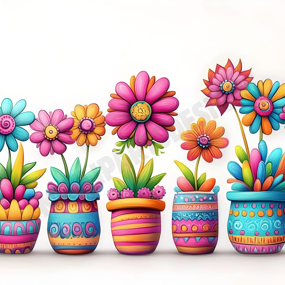 Whimsical Flower Pot Clipart Bundle: Colorful Fantasy Floral (digital ...